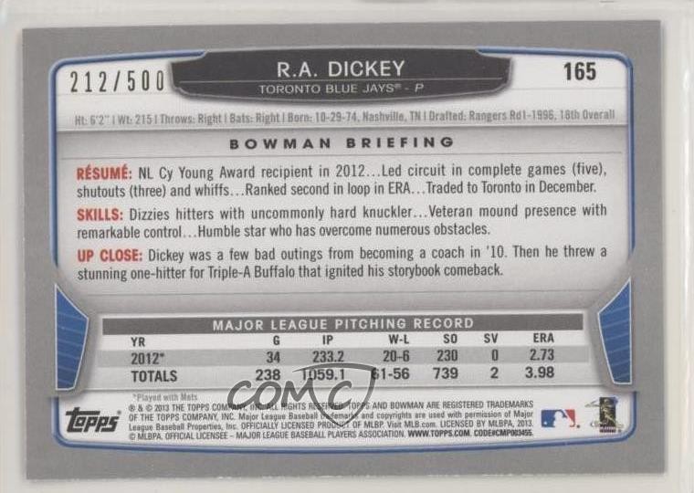 2013 Bowman Blue Border /500 RA Dickey #165 | eBay