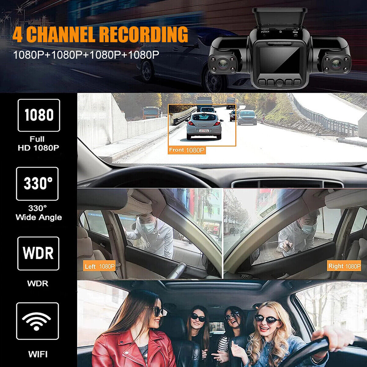 4 Channel Dash Cam 360° Panoramic Driving Recorder HD Car Cameras Night ...