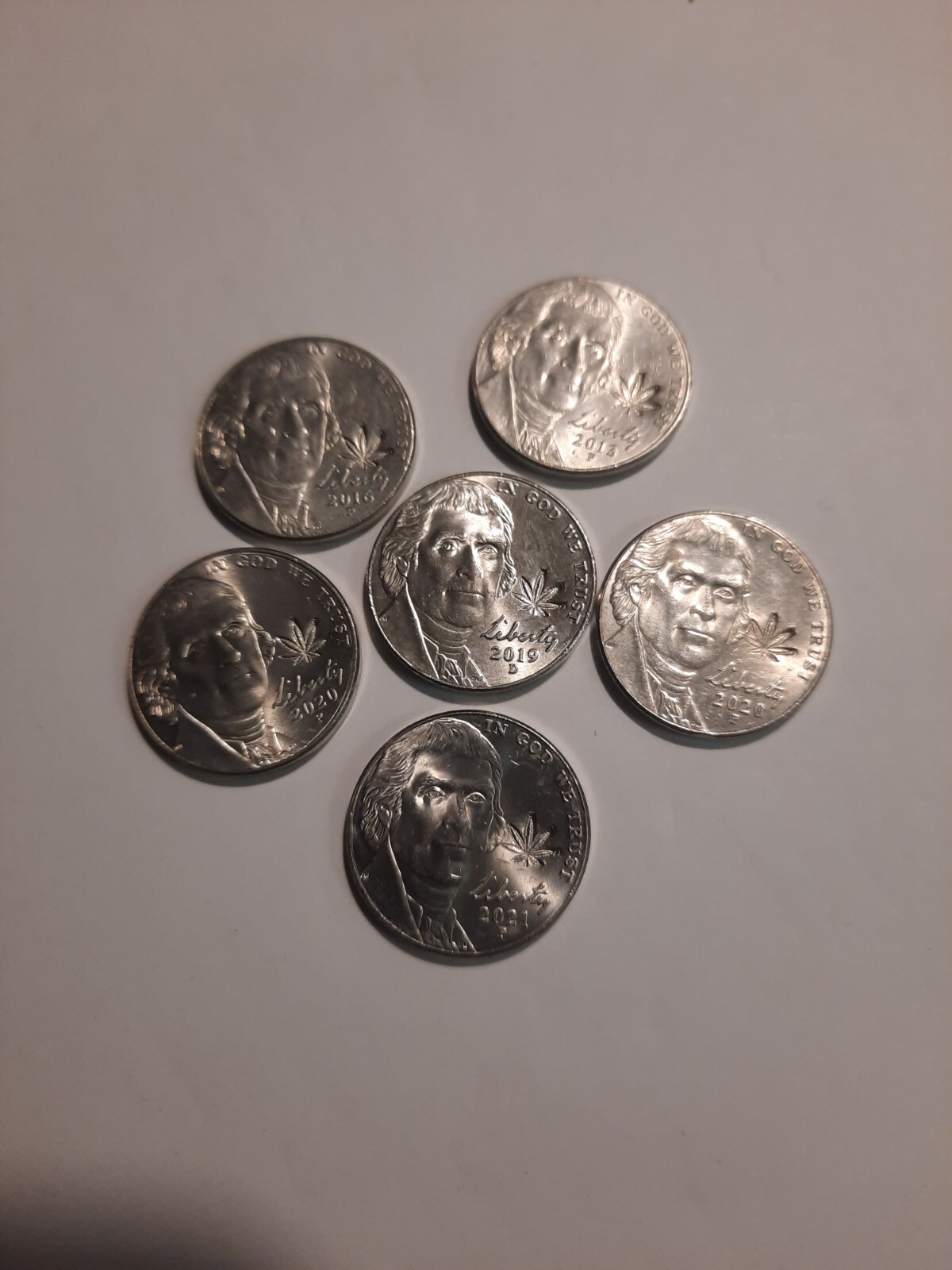 Lot Of 5 Real Jefferson Nickles Counterstamp Marijuana Cannabis Hemp ...