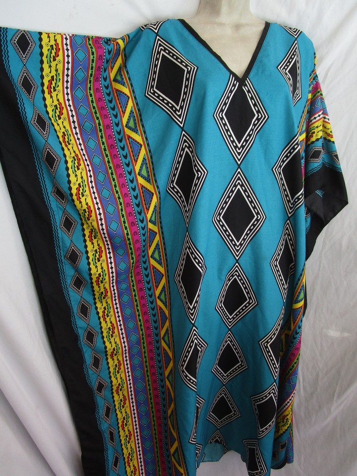 Vtg Winlar Blue Geometric Kaftan Caftan Lounge Dress Mrs Roper Party ...