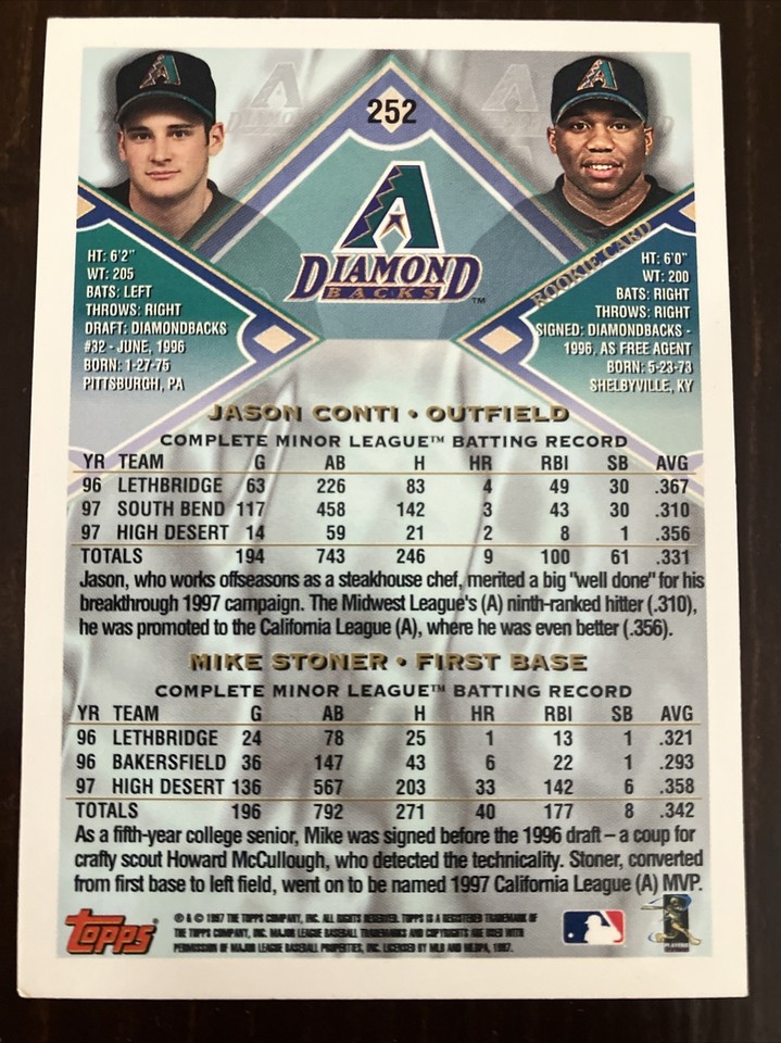 1998 Topps Baseball Jason Conti/Mike Stoner RC #252 Arizona ...