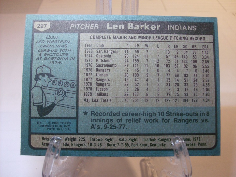 1980 Topps Baseball Card #227 - Len Barker - Cleveland Indians (95085 ...