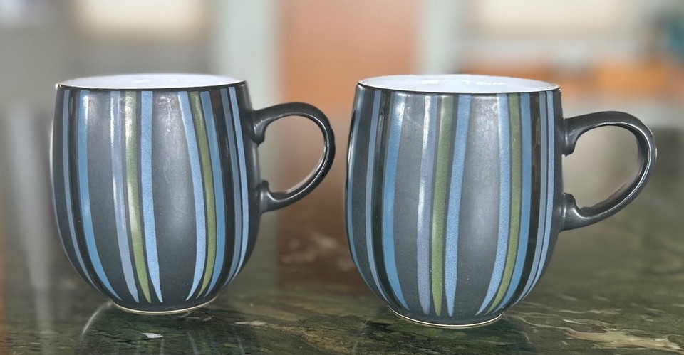Set of 2 Denby “Jet” Stripes Mugs/Cups 10 oz Black, Blue, White, Gold ...