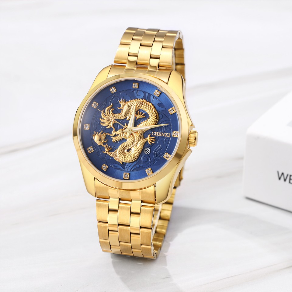 Men Luxury Chinese Dragon Carved Dial Diamond Quartz Watch Waterproof ...