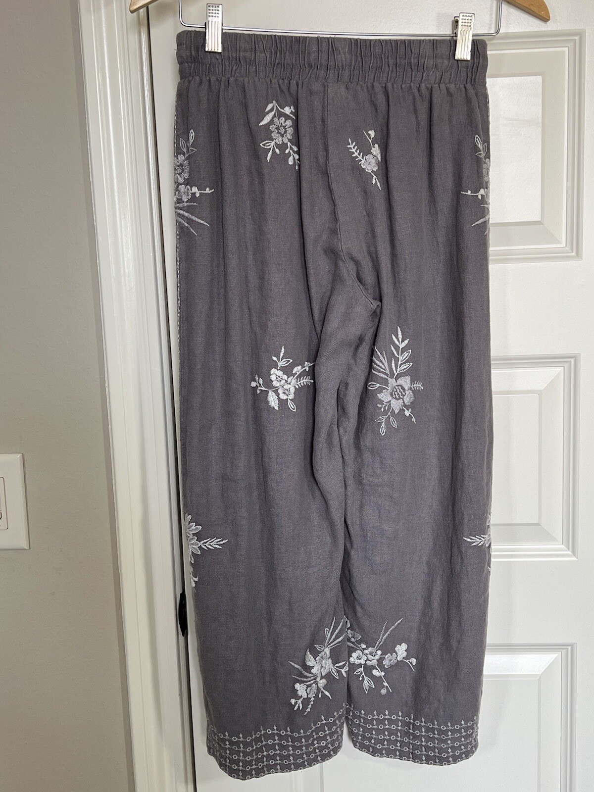 NWT JOHNNY WAS Pant SZ XS Gray Oleander Cropped Heavy Linen Embroidered ...