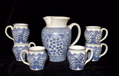 Charles Fach Studio Pottery Blue Jug And Six Matching Mugs With Lady ...