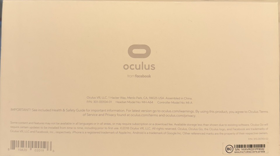 Oculus Go Virtual Reality VR Headset 64 GB Meta - Will Ship With Case ...