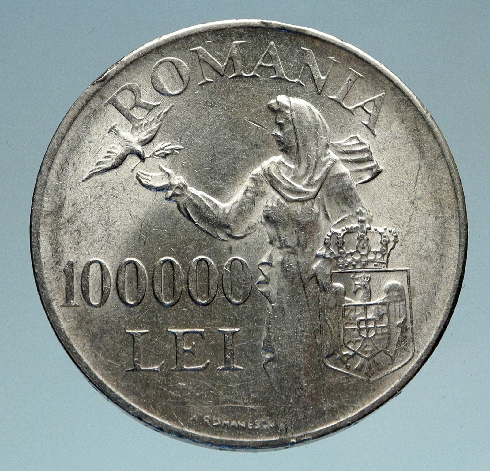 1946 ROMANIA Michael I Romanian Lady & Bird Antique Genuine Silver Coin ...