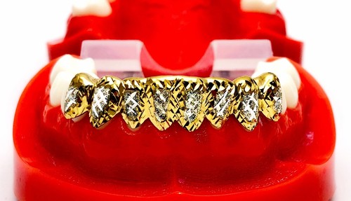 SOLID SILVER W/ 18K YELLOW GOLD TWO TONE PLATED PRINCESS DUST CUT GRILL ...