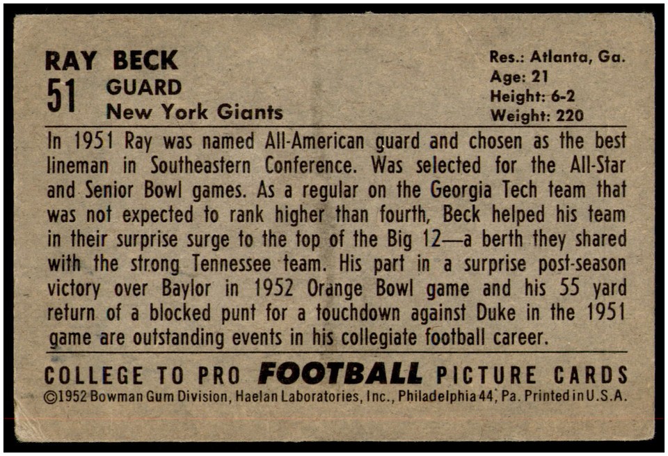 1952 Bowman Large #51 Ray Beck GDVG | eBay