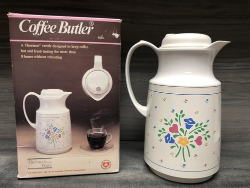 1985 Thermos Coffee Butler Carafe White Floral 32oz Insulated Pitcher W ...