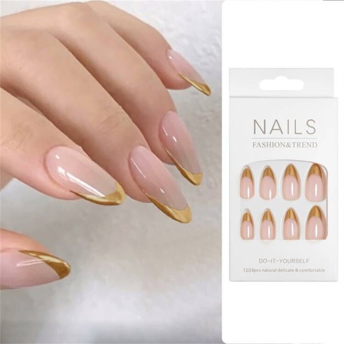 Gold Edge French False Nail Short Almond Press on Nails for Nail Art ...