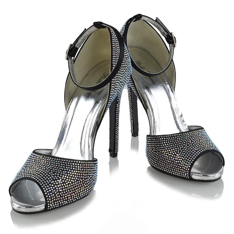 Womens Ankle Strap High Heel Diamante Wedding Shoes Ladies Peep Toe ...
