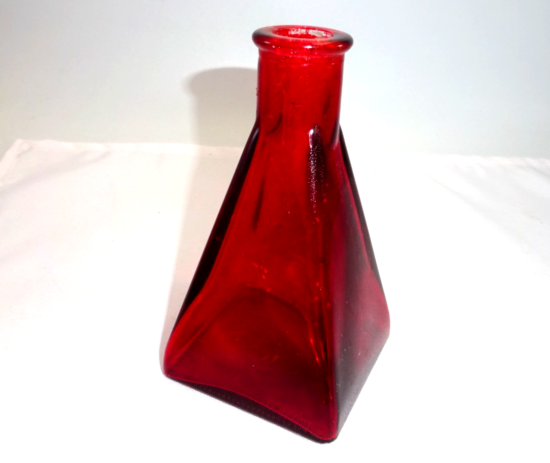 VINTAGE RED GLASS 5 oz BOTTLE PYRAMID SHAPE 5" TALL OLD CRANBERRY COLOR ...