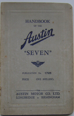 Austin Seven 7 Original Handbook 1938 Ruby, 2 seater, Pearl Pub. 1725 ...