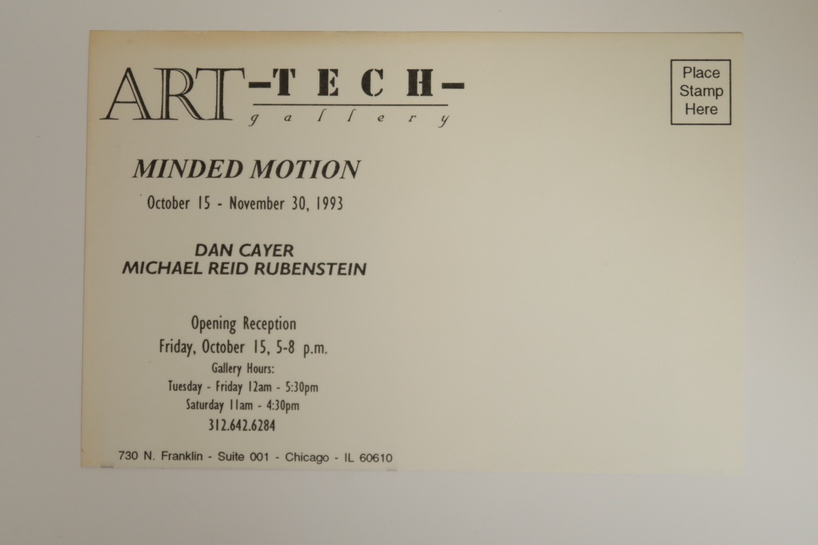 Art Tech Gallery Minded Motion 1993 Dan Cayer Reception Flyer Card ...