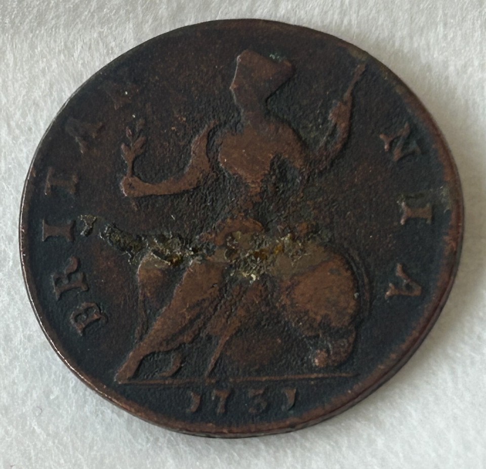 1731 GREAT BRITAIN GEORGE II HALF PENNY, US EARLY DAYS COLONIAL COPPER ...
