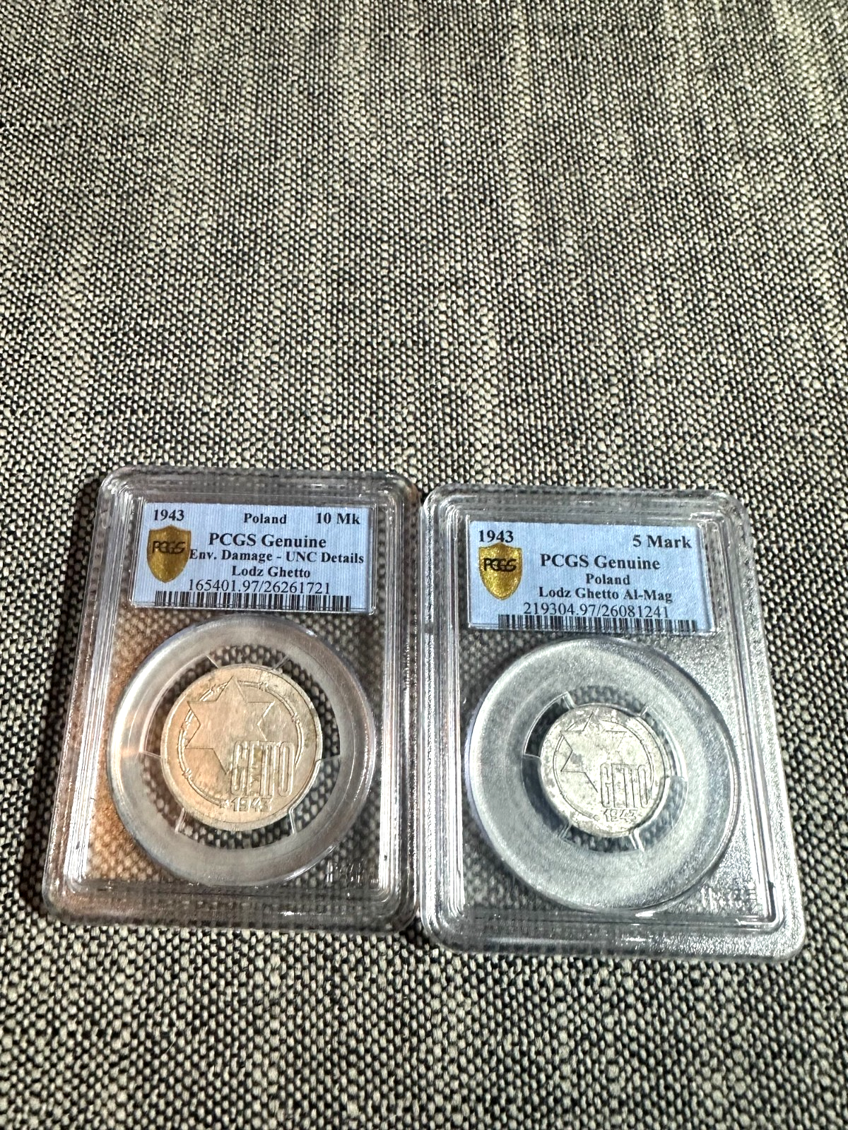 1943 POLAND 10 MARK PCGS ENV DAMAGED UNC DETAILS LOTS GHETTO AND 5 MARK ...