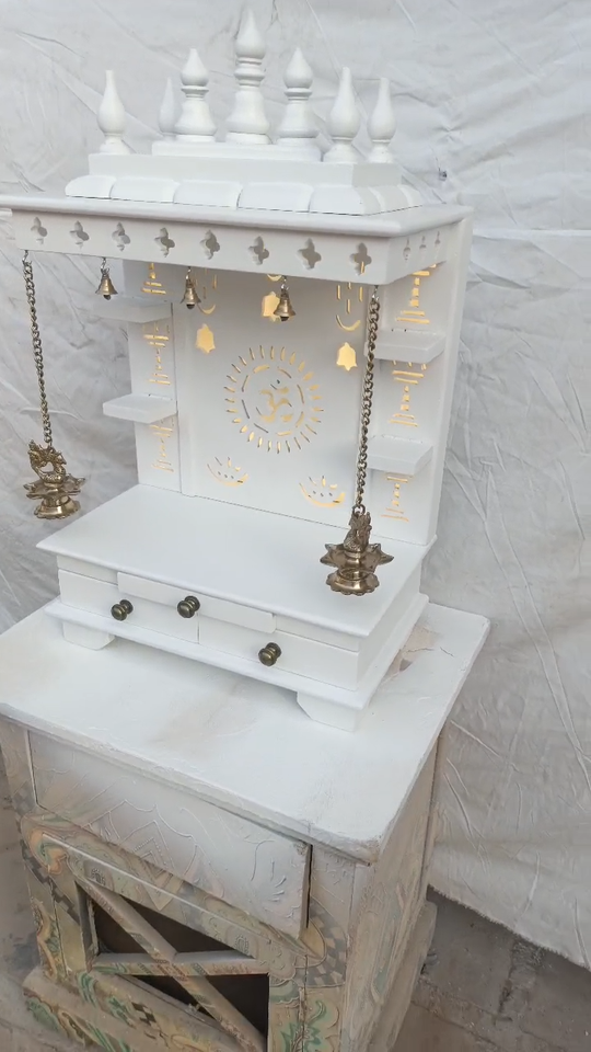 Wooden Temple Mandir White Hanging Bells Handcrafted Mandir Pooja Ghar ...
