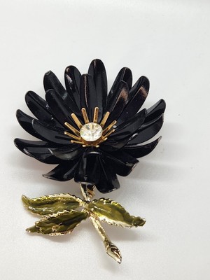 Vintage Signed Coro Flower Layered Black Color Rhinestone Leaf Enamel ...