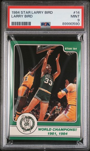 1984 Star Larry Bird Magic Johnson guarding World Champions #14 PSA 9 ...