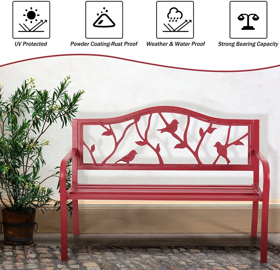 50" Nice Metal Bench Bird Design for Garden Front Back Yard Porch Heavy ...