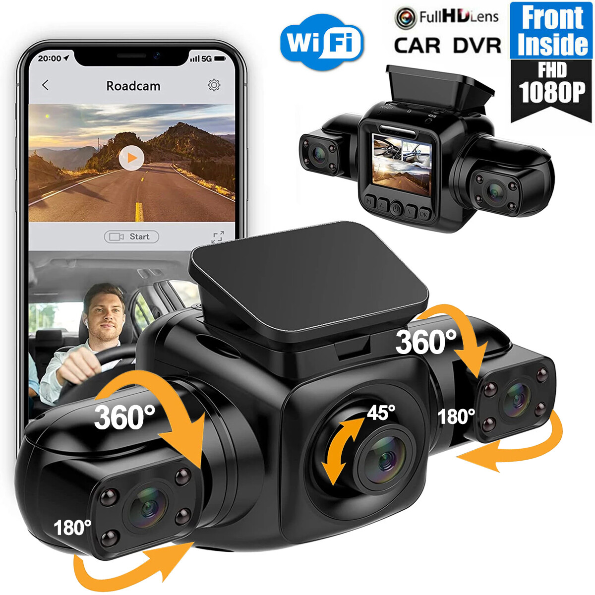 360° WiFi Dash Cam Recorder 3 Channel 2K Car Camera DVR Vehicle Video G ...