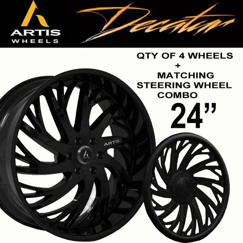 ARTIS 24 INCH GLOSS BLK WHEELS RIMS WITH STEERING WHEEL COMBO GBODY G ...