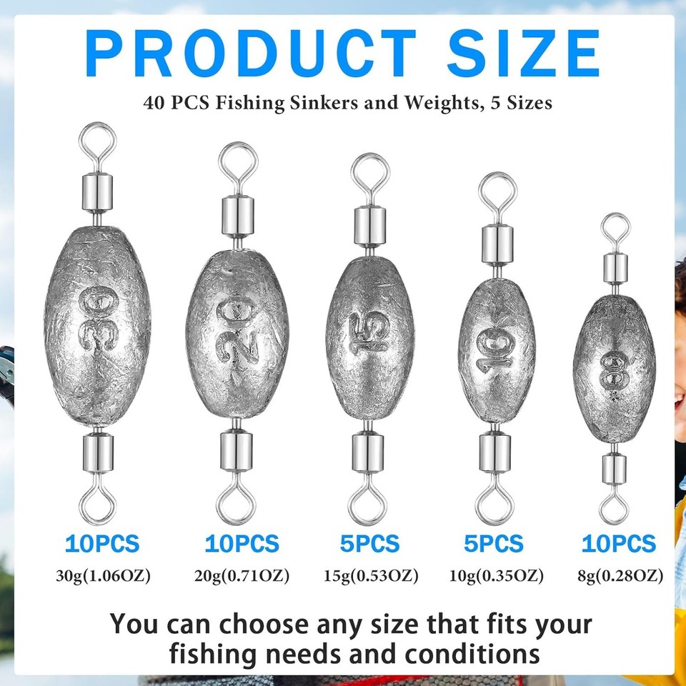 24/40 Pcs Fishing Weights Set Swivel Trolling Sinkers 5 Sizes, 5 Size ...