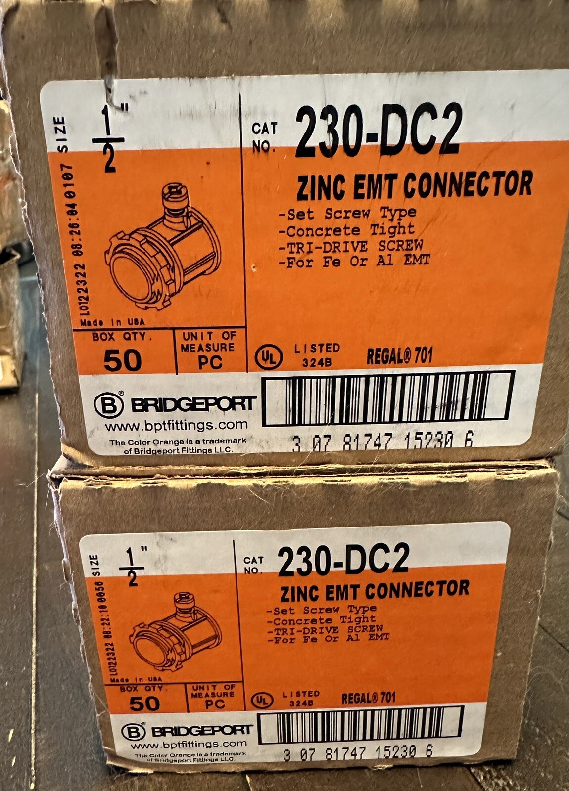 BRIDGEPORT 230-DC2 ZINC EMT CONNECTOR 1/2" 50 PC. BOX | eBay