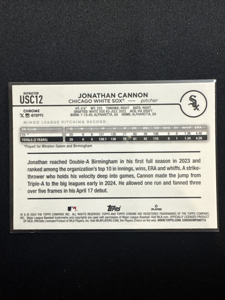 2024 Topps Chrome Update-Prism Refractor-Jonathan Cannon RC #USC12 | eBay