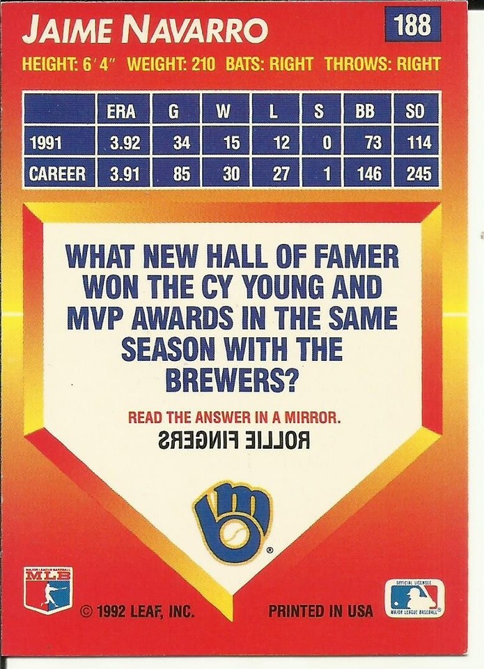 1992 Donruss Triple Play Baseball Card #188 Jaime Navarro BREWERS ...