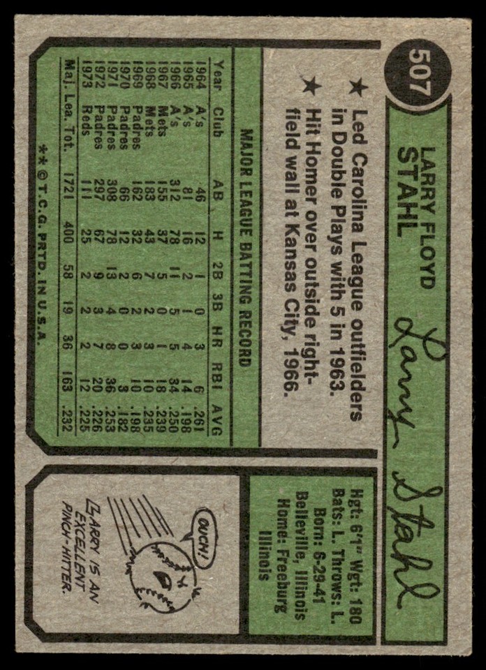 1974 Topps Larry Stahl Cincinnati Reds #507 | eBay