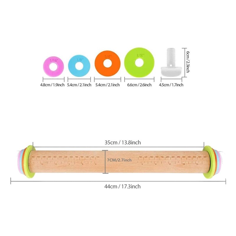 Adjustable Wood Rolling Pin with Removable Rings,Dough Roller,for ...