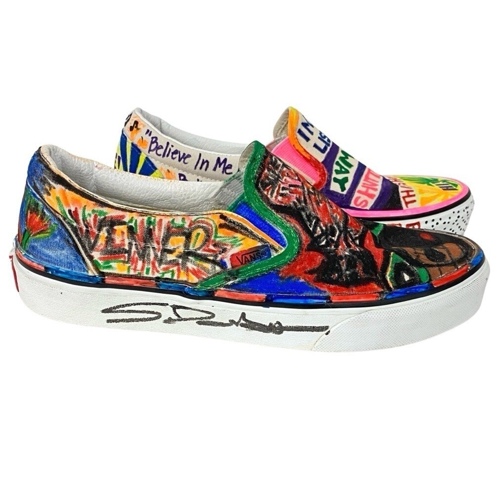 VANS Sneakers Custom Hand Drawn Graffiti Slide On Shoes Women 7.5 Men 6 ...