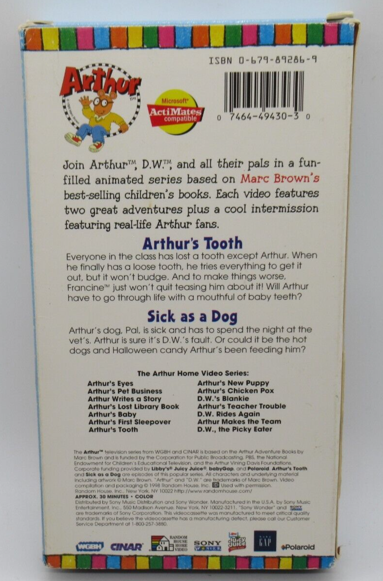ARTHUR: ARTHUR'S TOOTH ANIMATED VHS VIDEO, 2 EPISODES, SICK AS A DOG | eBay