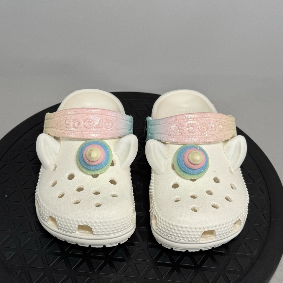 Crocs Little Kids Toddlers Classic White I AM Rainbow Unicorn Horn Clog ...