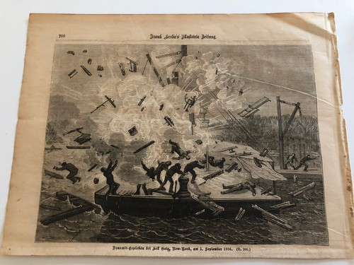 1876 German Leslie’s Antique Print Dynamite Explosion At Hells Gate NY ...