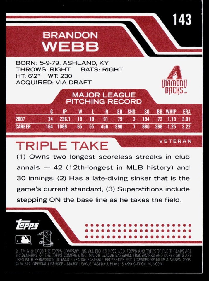 Brandon Webb 2008 Topps Triple Threads #143 | eBay