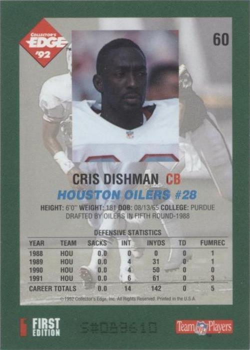Las mejores ofertas en 1992 Collector's Edge Cris Dishman #60 | eBay
