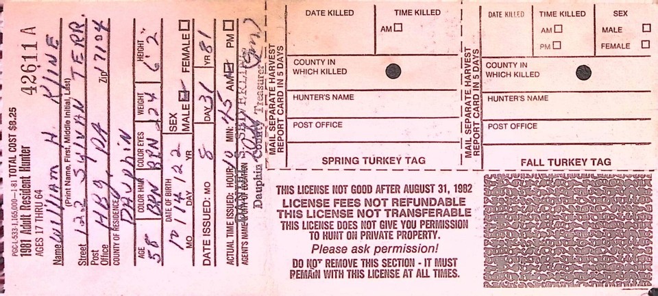 1981 Pennsylvania Adult Resident Hunting License & Turkey Tags ...