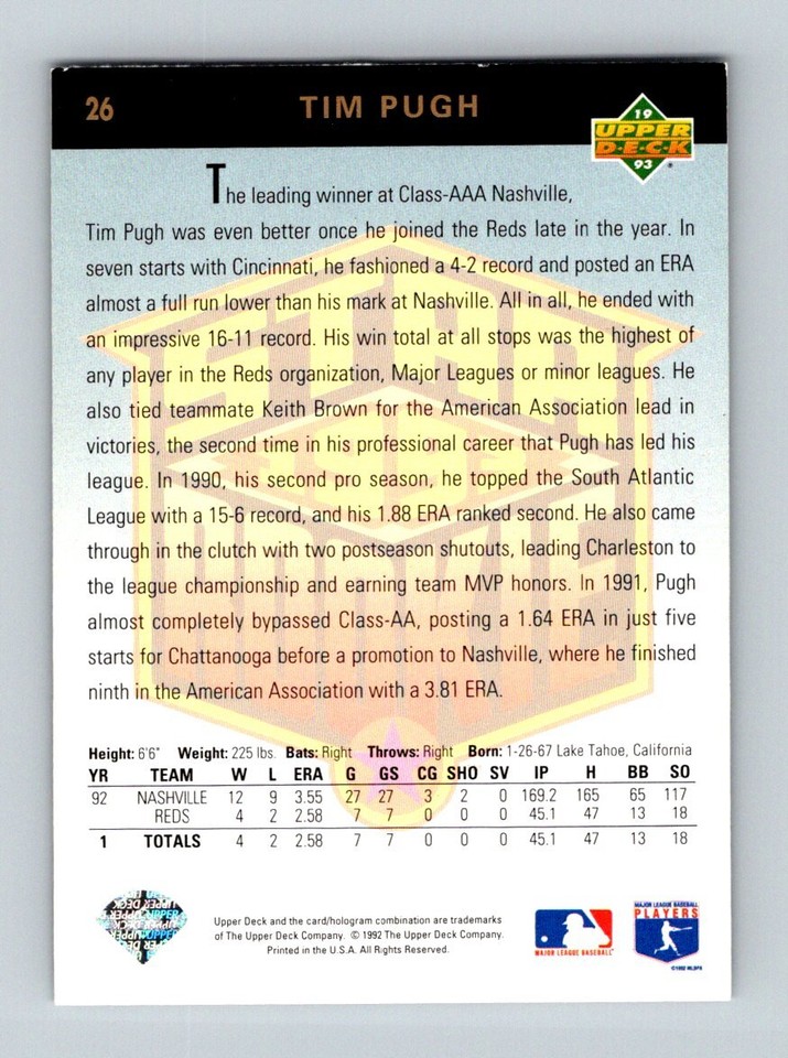 1993 Upper Deck Baseball Card #26 Tim Pugh Star Rookie RC Pitcher Reds ...