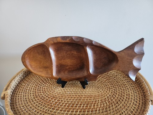 Vintage Mid-Century 3 section Monkey Pod Wood Fish Dish/Serving Platter ...