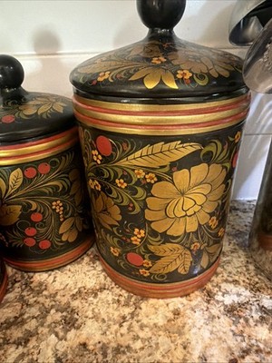 Vintage Russian Khokhloma Jar w/ Lid Hand Painted Lacquer Wooden ...