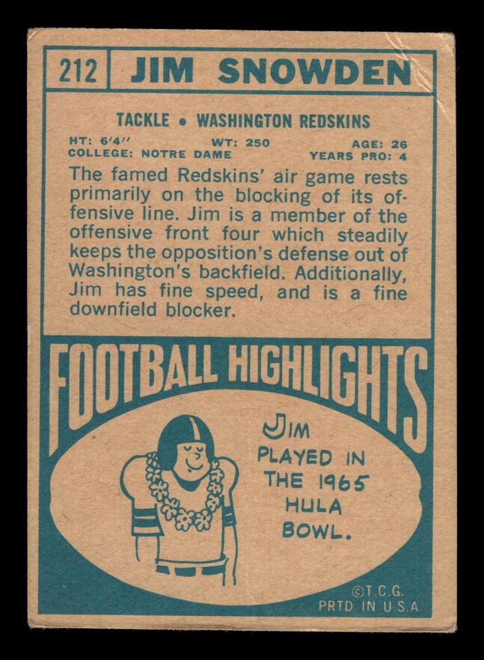 1968 Topps Jim Snowden #212 Washington Redskins | eBay