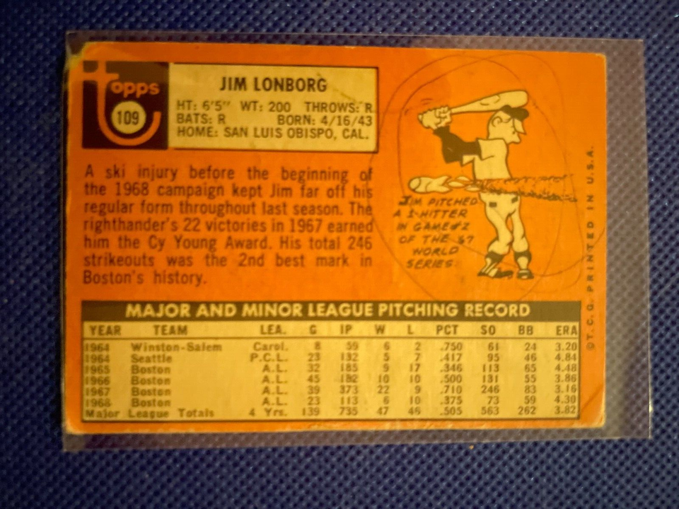 1969 TOPPS # 109 JIM LONBORG | eBay