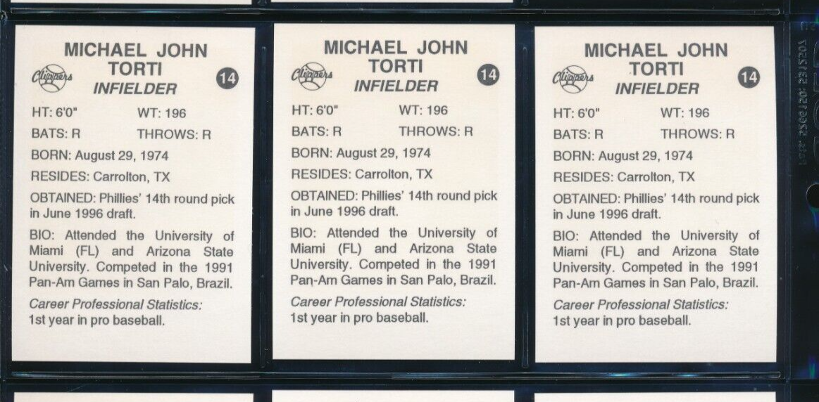 Lot (3) 1996 Team Issue #14 Mike Torti Batavia Clippers Player lot ...