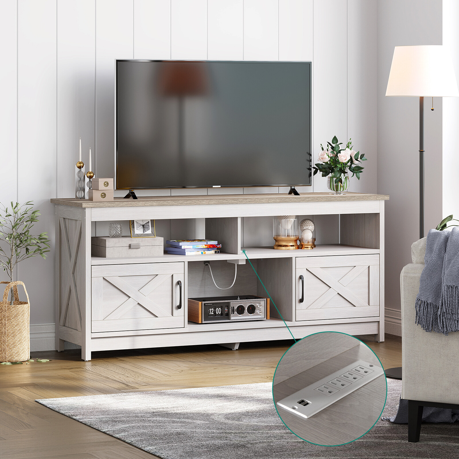 Farmhouse TV Stand Cabinet with Power Outlet & USB Ports Media Console ...
