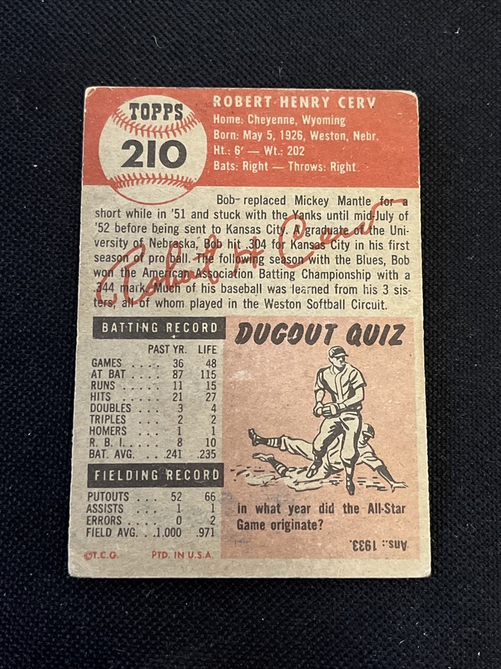 BOB CERV 1953 TOPPS SIGNED AUTOGRAPHED CARD #210 NEW YORK YANKEES | eBay