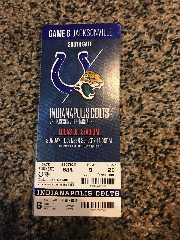 2017 INDIANAPOLIS COLTS VS JACKSONVILLE JAGUARS NFL TICKET STUB 10/22 ...